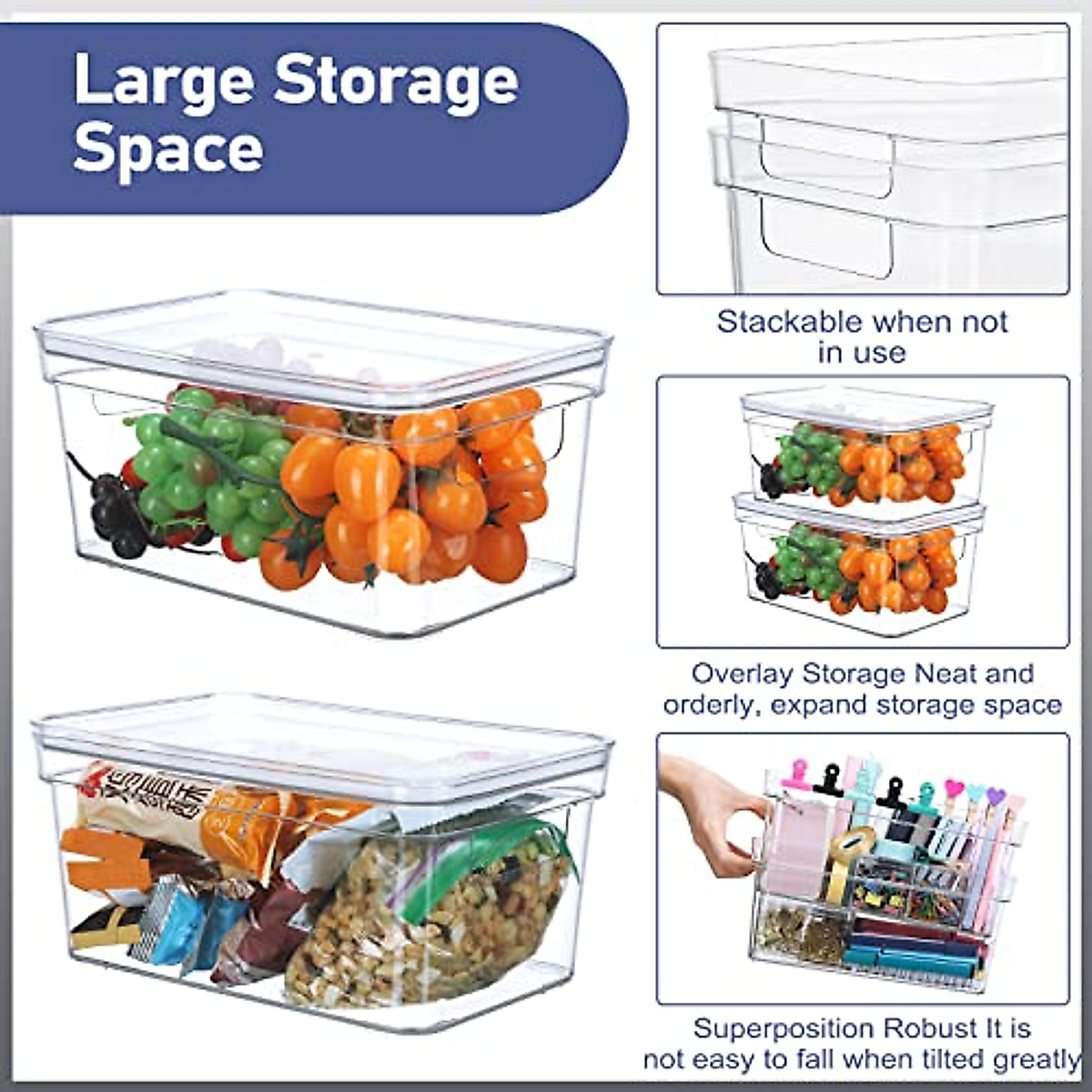 8 Pcs Clear Plastic Storage Bins with Lids Fridge Organizers Kitchen Stackable Clear Containers for Organizing Pantry Storage Bins for Refrigerator Bedroom Bathroom Office
