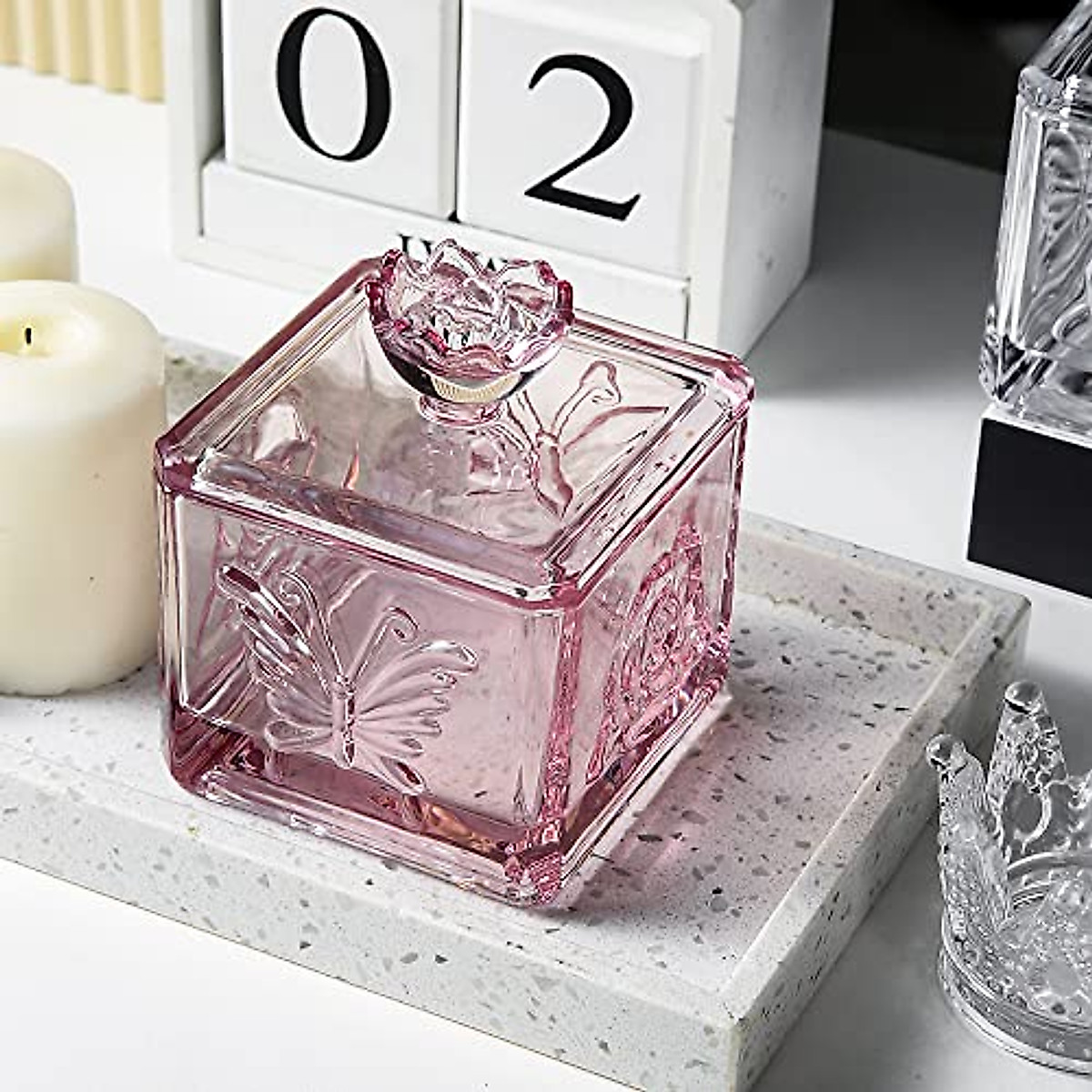 Gaolinci Roses & Butterflies Embossed Glass Candy Jar, Stained Glass Food Jar with Lid