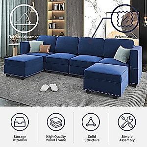 ZAFLY Sectional Sofa, 4 Seat Modular Comfy Couch with 4 Storage Ottomans, Convertible L Shaped U Shaped Couch Queen Sleeper Sofa with Adjustable Backrest Couches for Living Room(Blue)