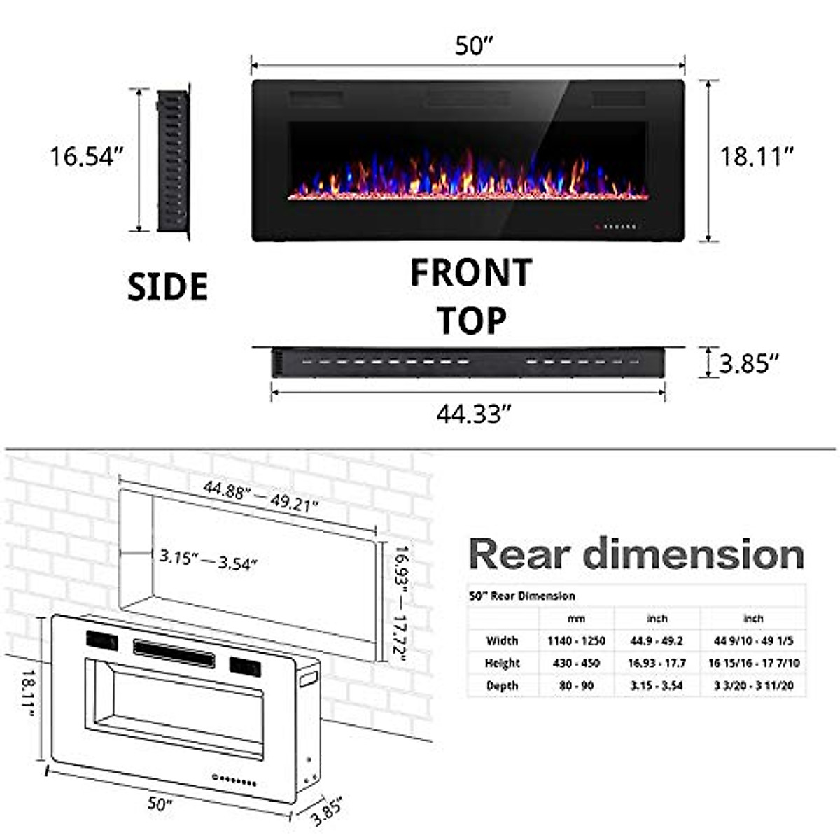 R.W.FLAME Electric Fireplace 50 inch Recessed and Wall Mounted,The Thinnest FireplaceLow Noise , Fit for 2 x 4 and 2 x 6 Stud, Remote Control with Timer,Touch Screen,Adjustable Flame Colors and Speed