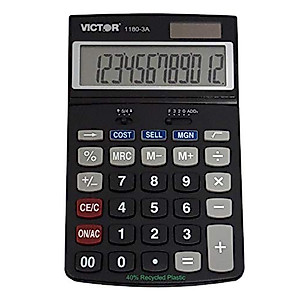 Victor 1180-3A 12-Digit Standard Function Calculator, Battery and Solar Hybrid Powered Adjustable Angle LCD Display, Great for Home and Office Desks, Black