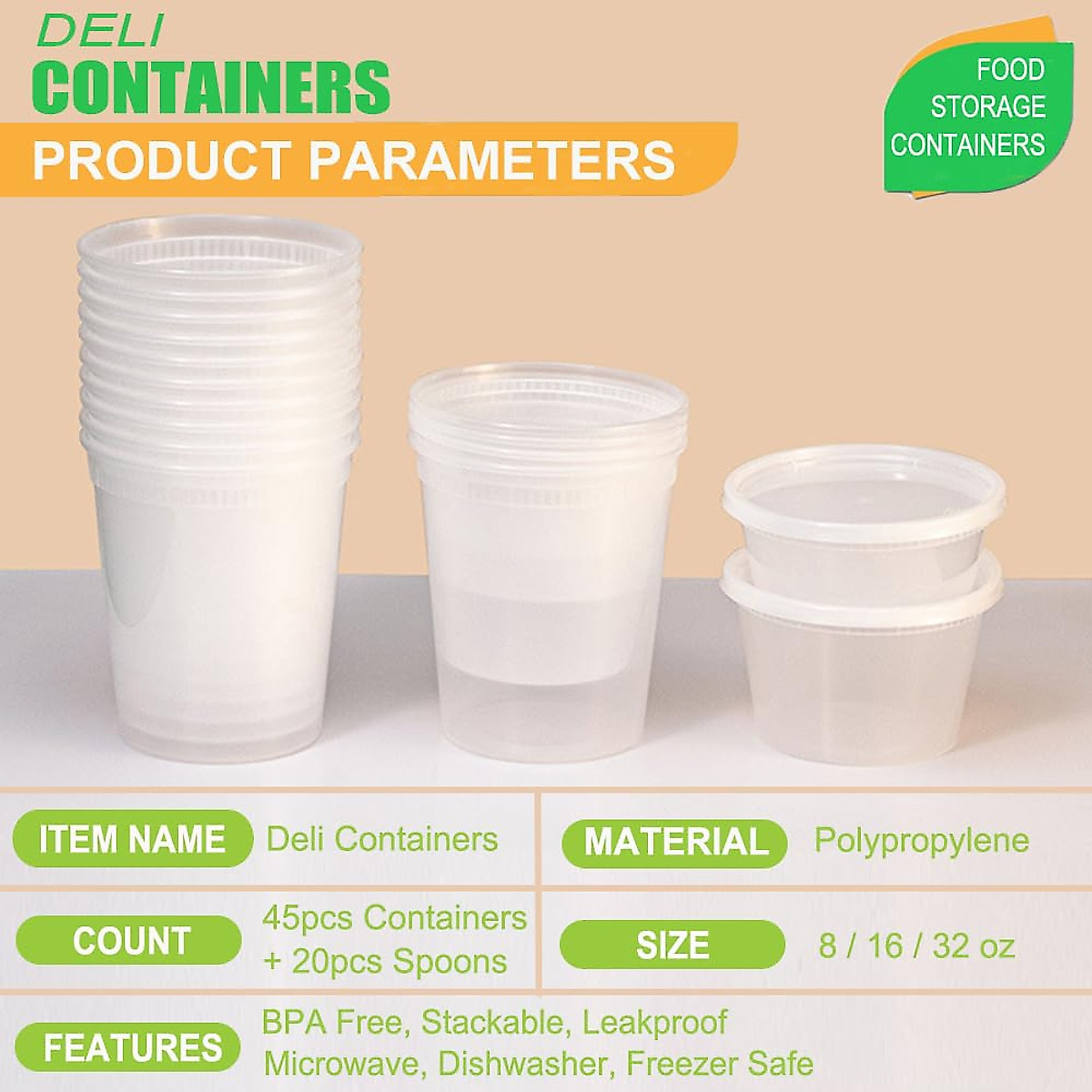 [65 Sets, 3 Sizes] Food Storage Containers with Lids, 8oz, 16oz, 32oz Plastic Deli Containers with Airtight Lids and Spoons, BPA Free, Stackable, Leakproof, Microwave | Dishwasher | Freezer Safe