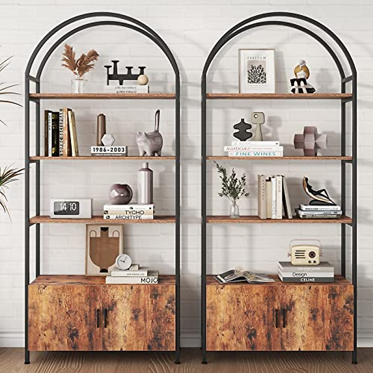 Jehiatek Arched Bookshelf, Bookcase with Doors Storage, 71 Inches Tall Industrial Book Shelf with Sturdy Metal Frame, E1 Quality Boards, Freestanding Display Shelving Unit, Black and Rustic