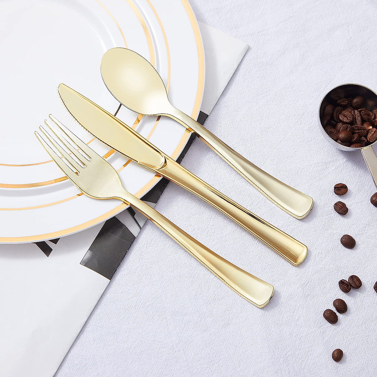 N9R 300PCS Gold Plastic Silverware, Heavy Duty Gold Plastic Cutlery Set Disposable Flatware Dinnerware, 100 Gold Forks, 100 Gold Spoons, 100 Gold Knives, Perfect for Party, Weeding and Daily Use