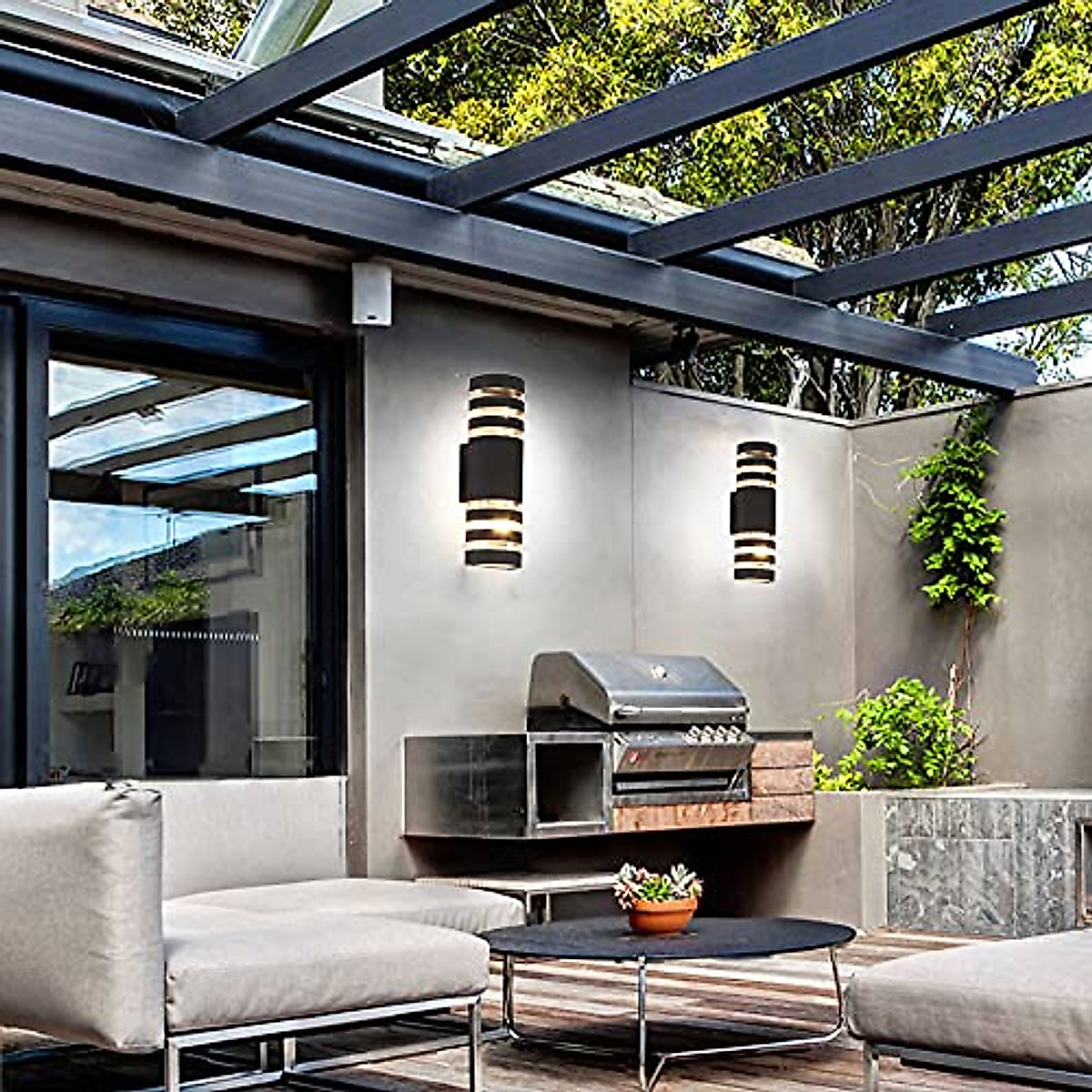 Outdoor Light Sconce Modern, Exterior Wall light Porch Light Up and Down Semi Cylinder Light Fixtures by Aluminum Finish and Tempered Glass Cover for Patio Garage Garden Corridor, Black(Semi cylinder)