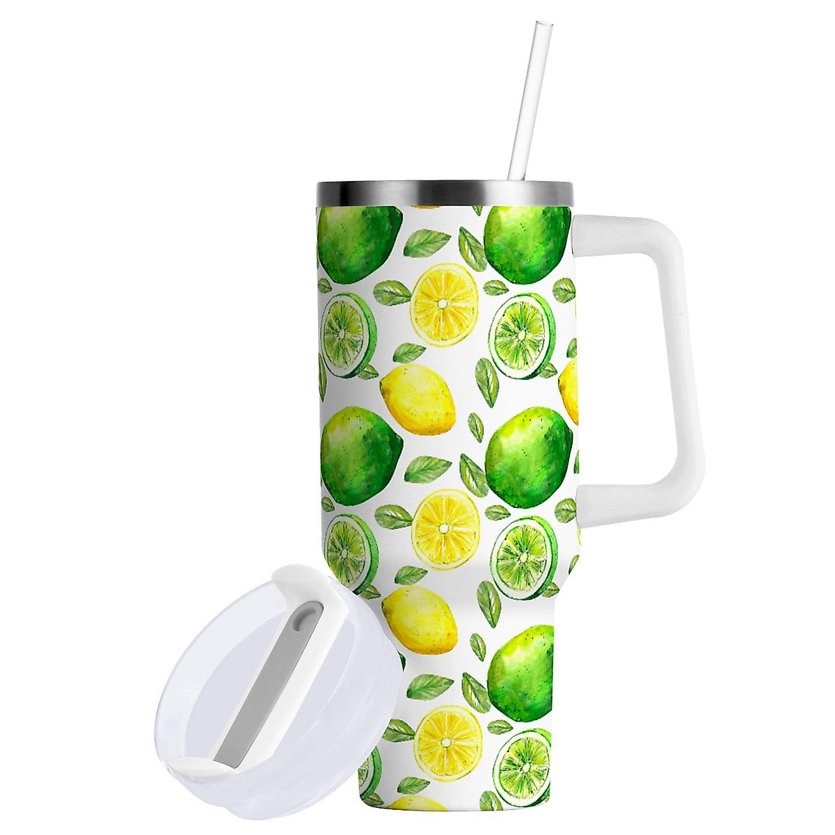 KEEPREAL 40 oz Lime Lemon Tumbler with Handle, Insulated Sports Water Bottle with Lid and Straw, Thermal Stainless Steel Travel Coffee Mug Cup #495
