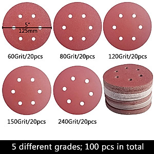 SACKORANGE 100 PCS 6 Inch 6 Holes Sanding Disc - 20 PCS Each of 60 80 120 150 240 Grits, 6" Hook & Loop Backing Random Orbital Sandpaper Sand Paper for Automotive Paint, Woodworking Wood, Metal