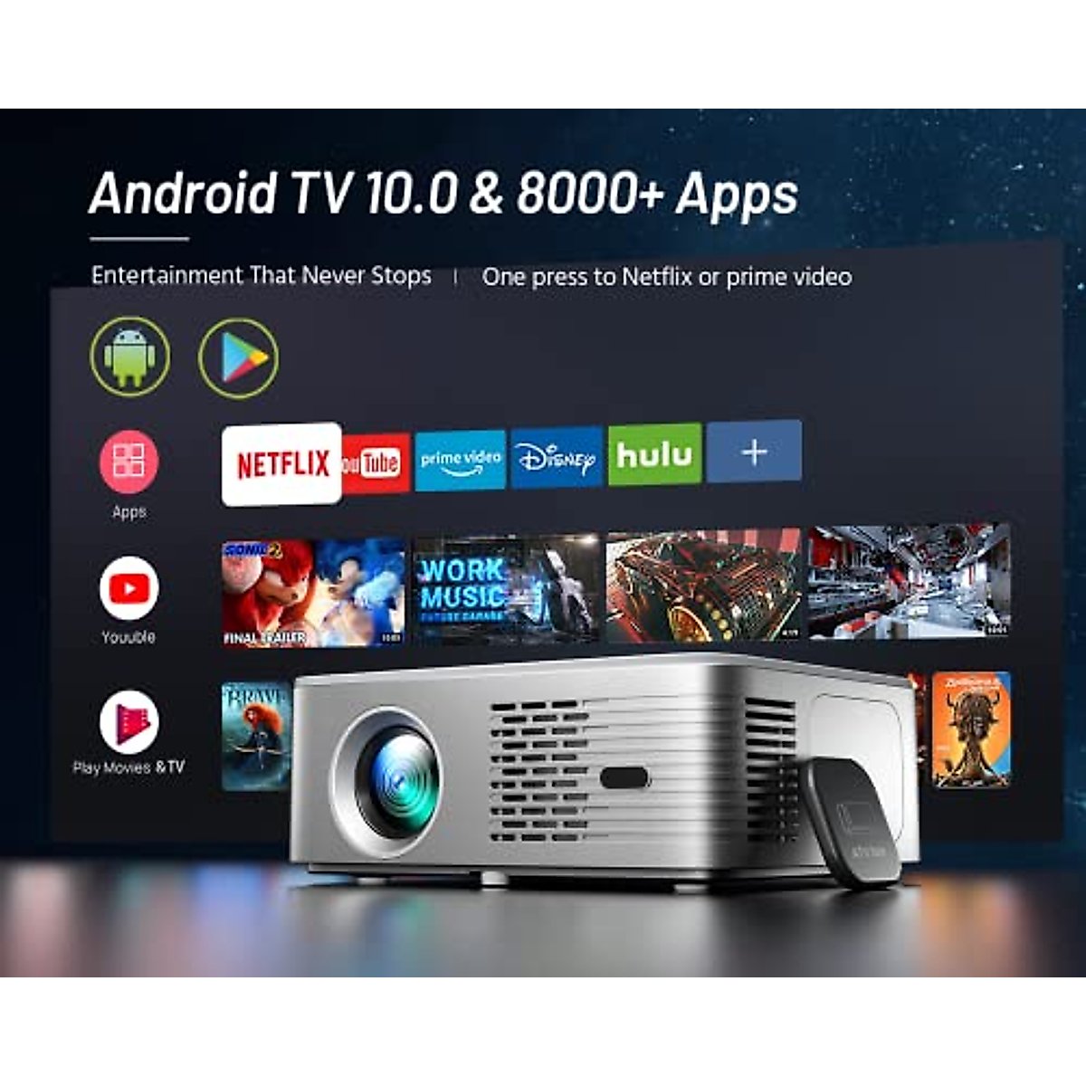 4K Support Android TV 10.0 Projector 5G WiFi Bluetooth Native 1080P, CIBEST Full-Sealed Optical Engine Home Movie FHD Projector with Netflix/Prime Video Built-in, 8000+ Apps, Autofocus, Stereo Sound