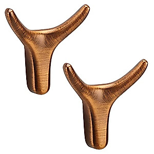 Exxacttorch 2 Pack Bull Horn Wall Mounted Hat Towel Bag Hanger, Traceless Decorative Art Coat Hooks, Solid Zinc Alloy Wall Hooks Double Prong Holder for Keys, Umbrella, Matte Brass