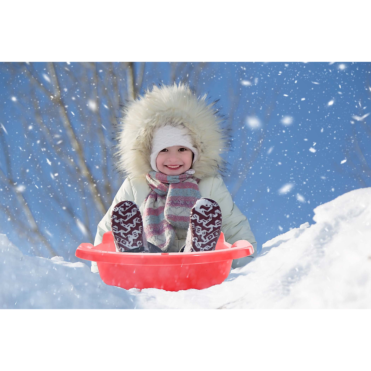 Superio Toboggan Snow Sleds, 4 Pack- 46” Plastic Open Back Slider for Kids and Adults- Heavy Duty Sleds with Holes for Pull Ropes (Ropes Excluded) for Downhill Sledding, Winter Outdoor Sports, (Red)