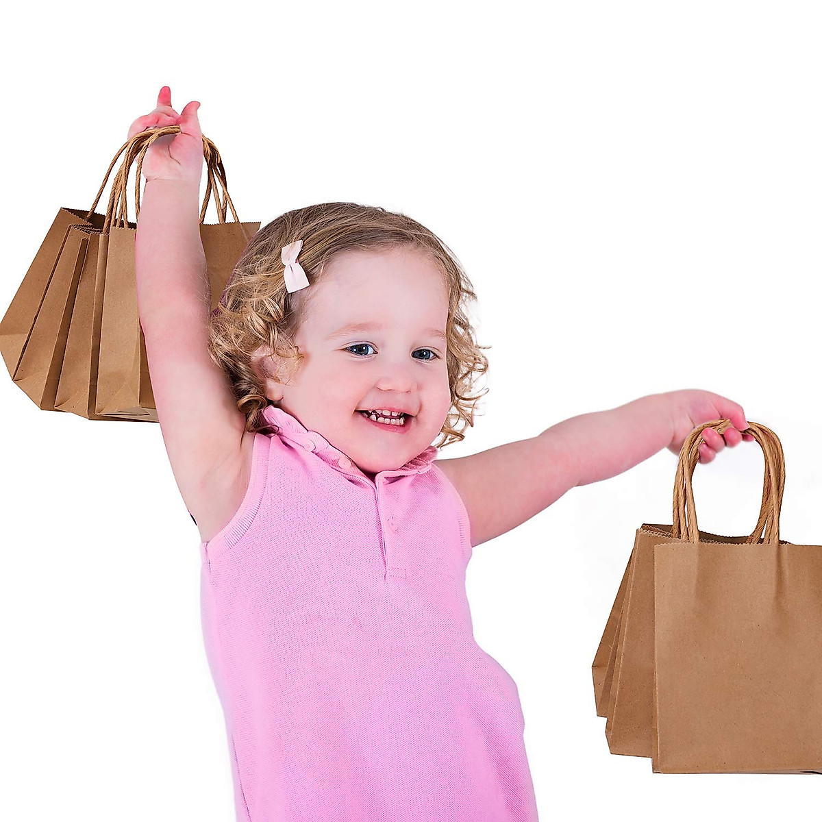 Cooraby 30 Pieces Mini Paper Party Bags 4.72 x 2.36 x 5.9 Inches Small Brown Gift Bag Party Kraft Bags with Handle for Birthday Wedding Parties