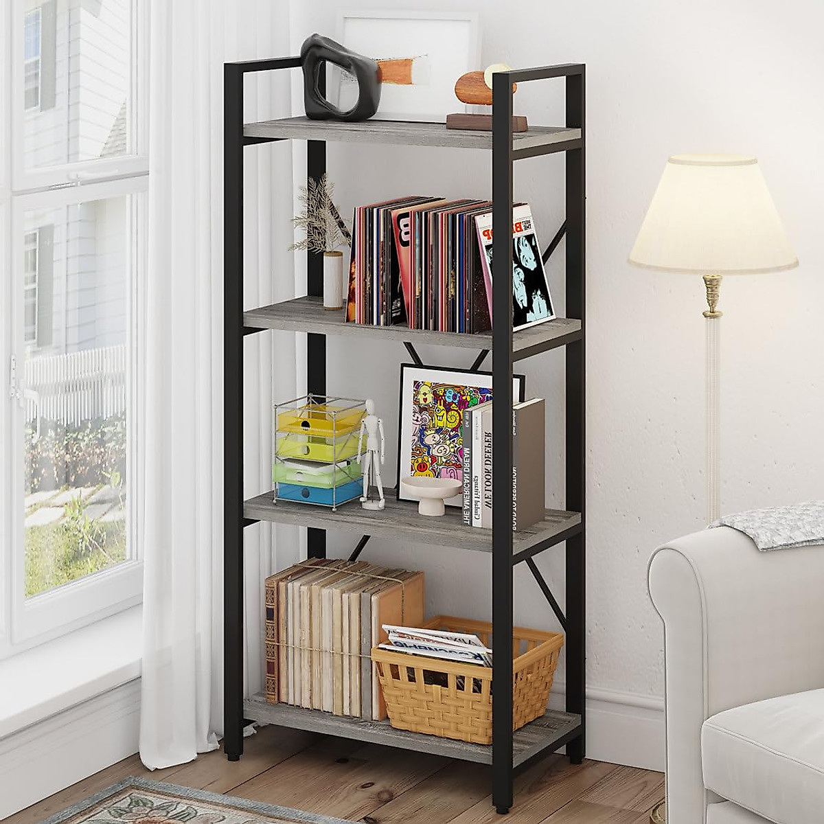 BON AUGURE Industrial 4 Tier Bookshelf, Modern Open Etagere Bookcase, Wood Metal Book Shelves for Living Room, Bedroom and Office (Dark Gray Oak)