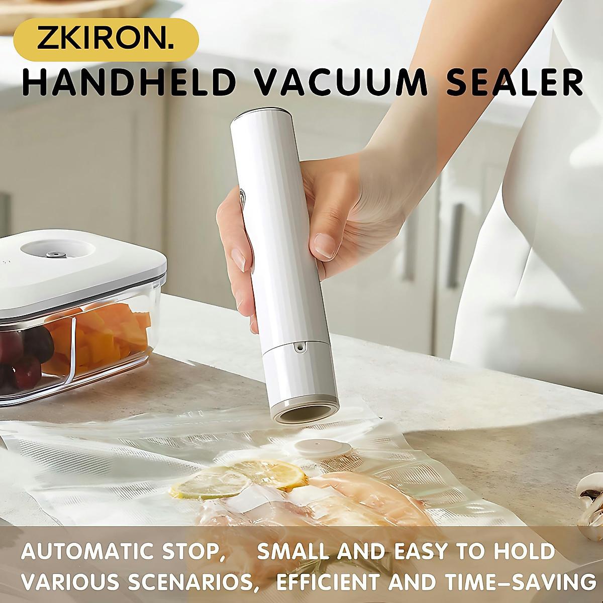 ZKIRON OneTouch Handheld Vacuum Sealer Machine, 5 PCS Reusable Bags Food Storage Set- Auto Start/Stop, Portable Design, Food Sealer for Food Saver, Sous Vide Cooking (White)