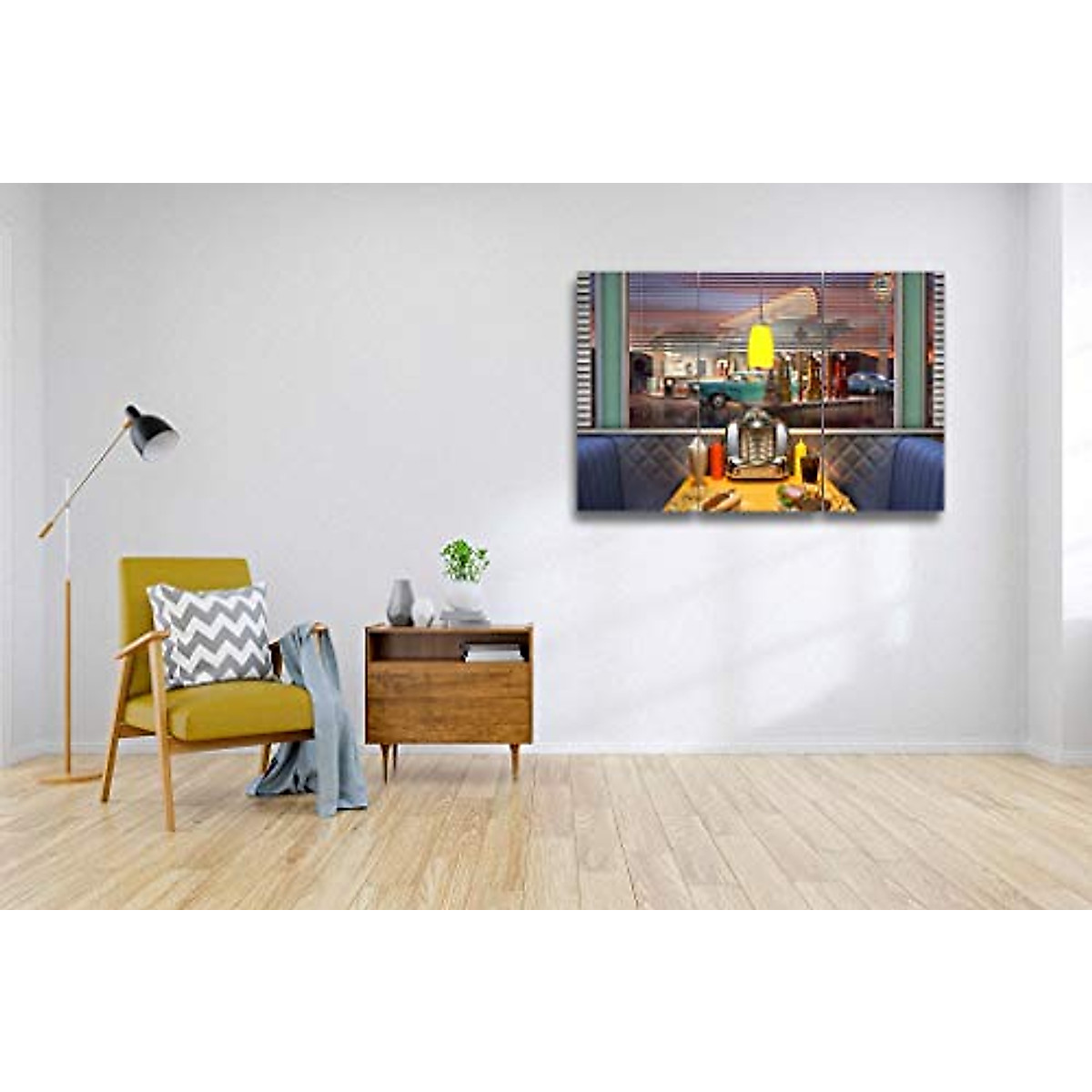 Retro Diner Interior 3 Pieces Print On Canvas Wall Artwork Modern Photography Home Decor Unique Pattern Stretched and Framed 3 Piece