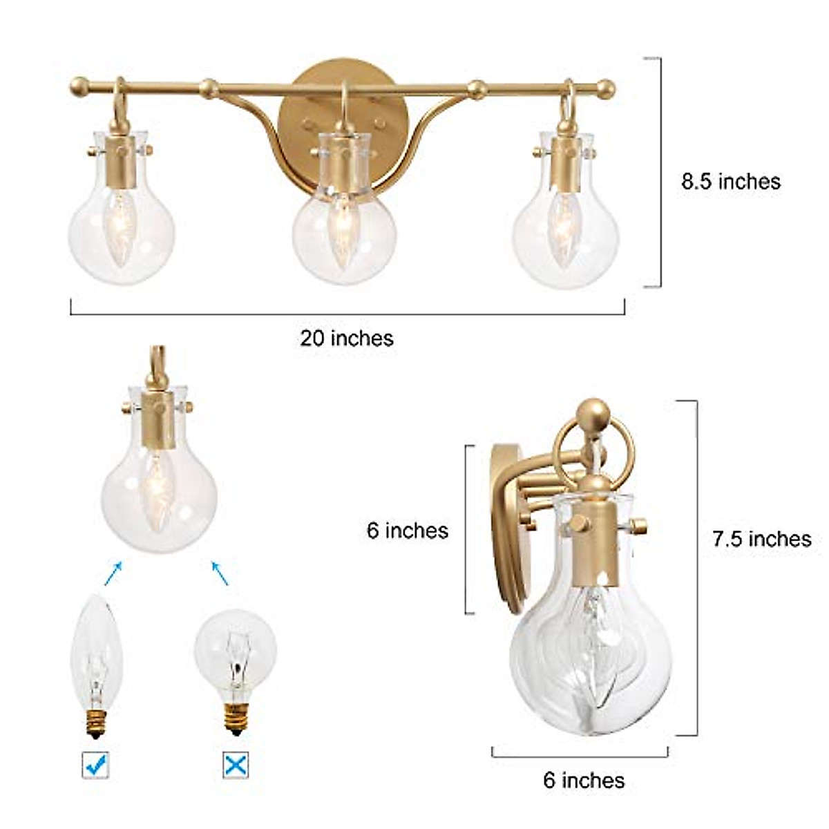 KSANA Gold Bathroom Light Fixtures, 3-Light Vanity Light Fixtures with Clear Glass