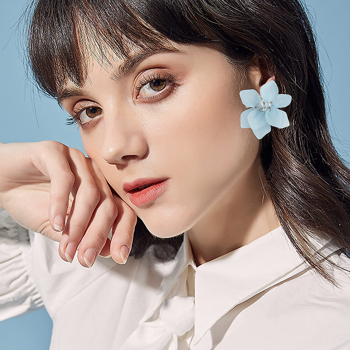 SLSF Unique Handmade Bohemian Large Matte Resin Flower Stud Earrings Dainty Elegant Acrylic Flower Petal Dangle Drop Earrings for Women Statement Jewelry Gifts (Light Blue)