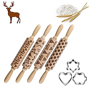 4Pack Christmas Wooden 3D Rolling Pins Embossed, Embossing Rolling Pin with Engraved Christmas Themed Symbols for Baking Embossed Cookies,Rolling Pin Kitchen Tool(14 in)