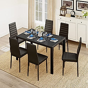 Bealife Kitchen Dining Table Set for 6, Tempered Glass 7 Piece Table and Chairs Set Modern for Home, Kitchen, Living Room, Dining Room,Black