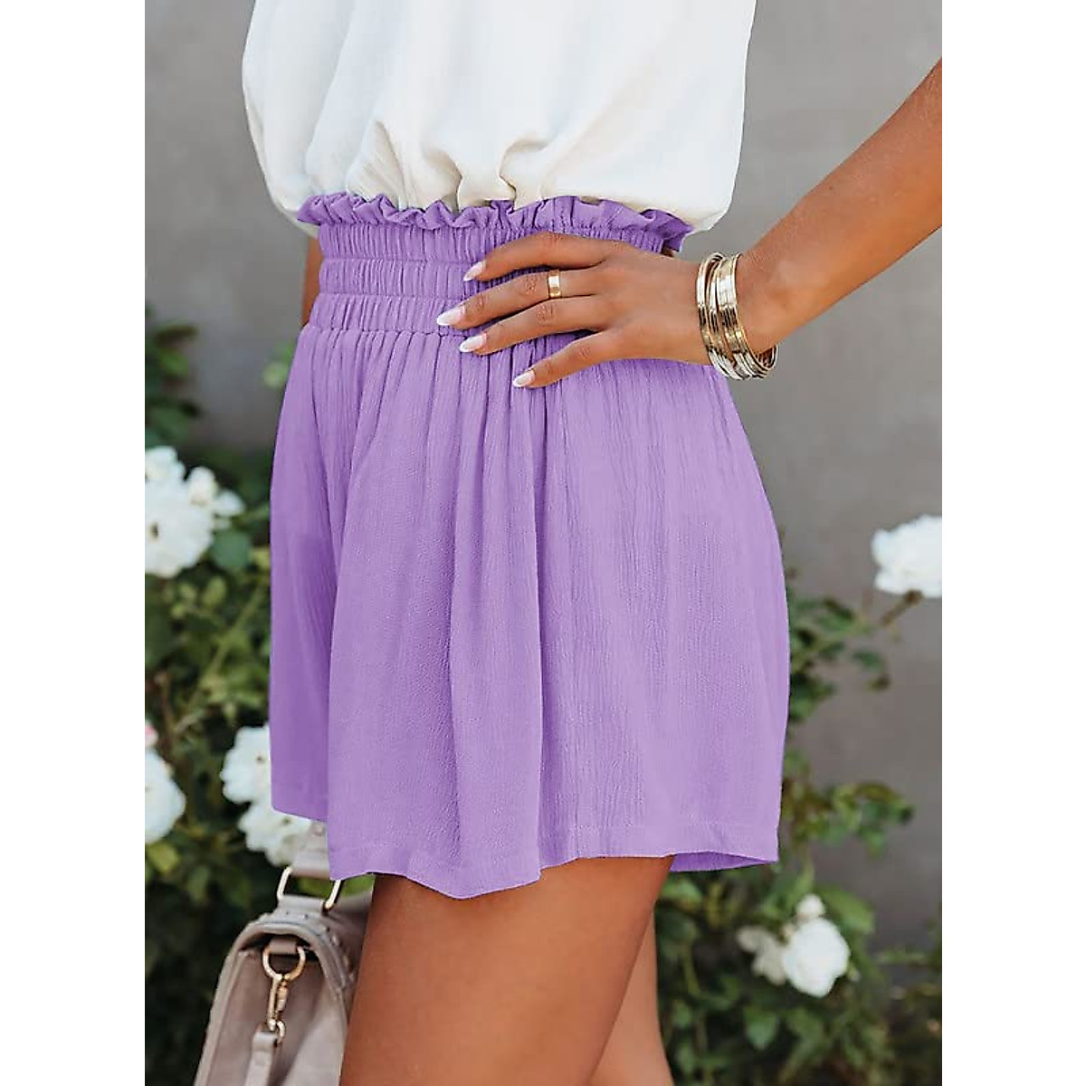 Dokotoo Womens Ladies Athletic Summer Casual Smocked Ruffle Elastic High Waisted Soft Comfy Fashion Beach Shorts for Women Purple Medium