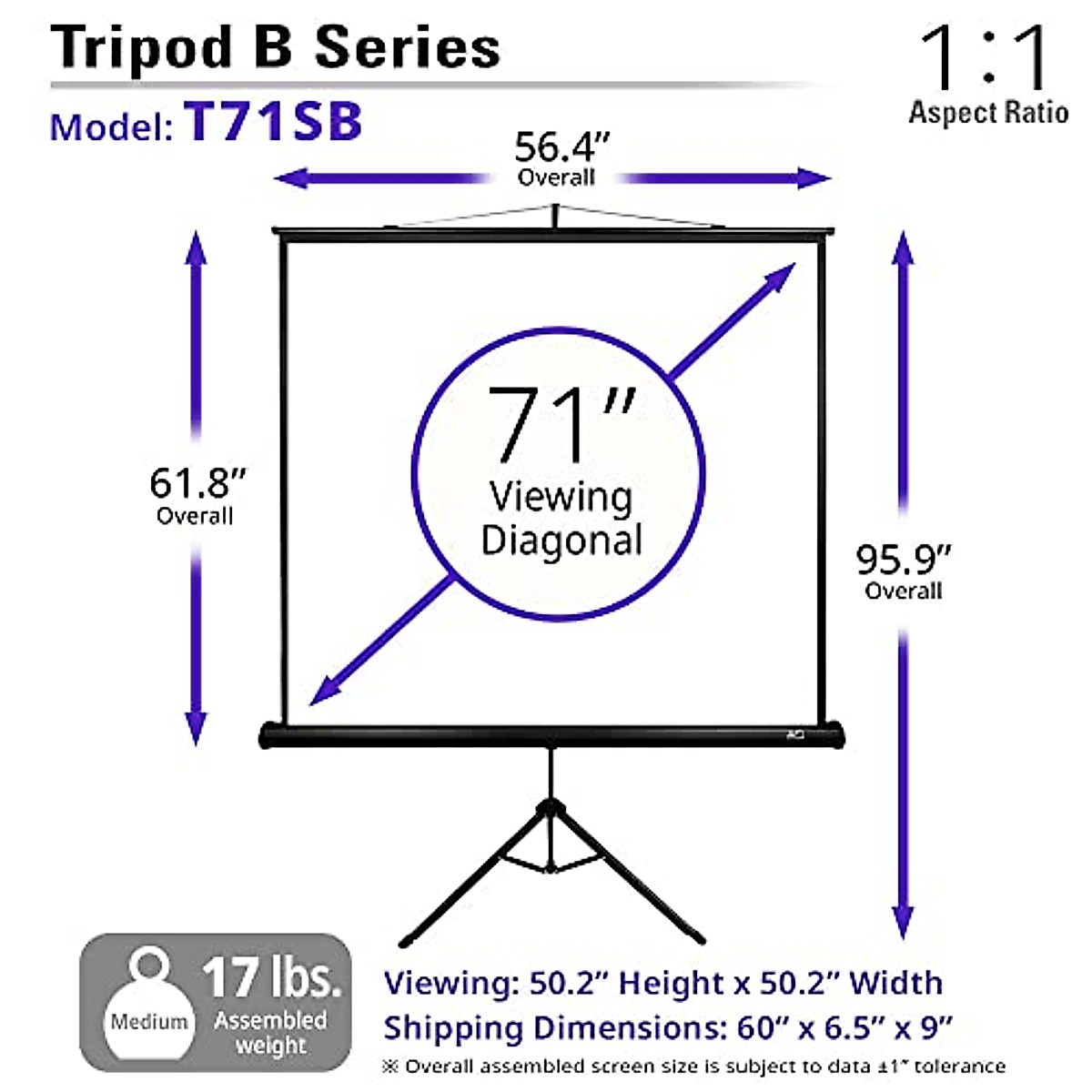 Elite Screens Tripod B, 71-INCH 1:1, Lightweight Pull Up Foldable Stand, Manual, Movie Home Theater Projector Screen, 4K / 8K Ultra HDR 3D Ready, 2-YEAR WARRANTY, T71SB-Z