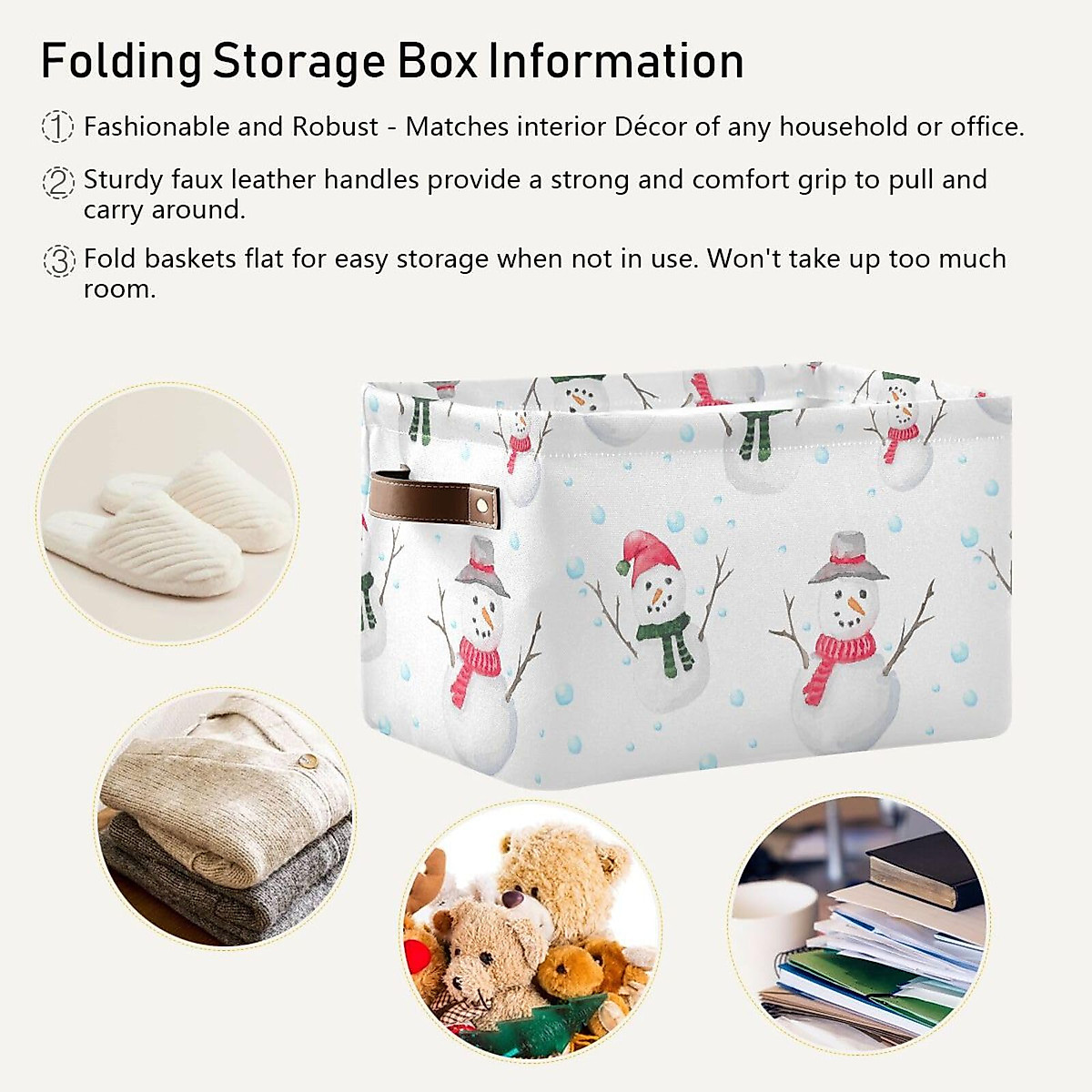 Cute Snowmen Christmas Storage Basket Bins Decorative Toy Laundry Basket Organization with Handles for Living Room Clothes Nursery Closet Shelf Playroom,1 pcs