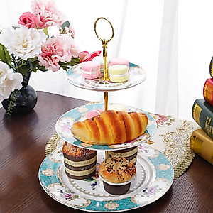 fanquare 3 Tier Porcelain Cake Stand, Blue Vintage Cupcake Stand, Display Tower Tray for Party, Birthday, Wedding