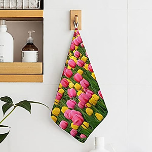 Curdesi Hand Towels for Bathroom, Tulips Hand Bath Towel Soft Absorbent Microfiber Kitchen Dish Towels 12 x 12inches