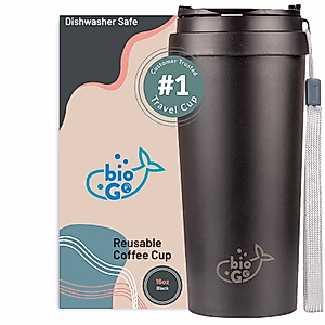 bioGo Cup, Rice Husk Fibre, BPA-Free, Double Wall Insulation Reusable Coffee Cups, On-The-Go Travel Mug, Screw Tight Lid, Textured Grip, Ultra Lightweight (Midnight Black, 16oz)