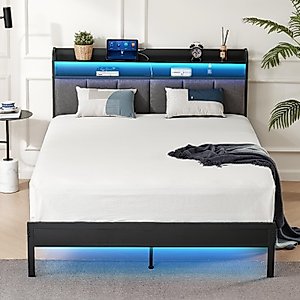 Z-hom Upholstered Twin Bed Frames, Upgraded Metal Bed Frame with LED Lights Headboard & Footboard, Bed Furniture with Charging Station Ports & Storage Shelves, Easy Assembly Bed Frame, Noise Free
