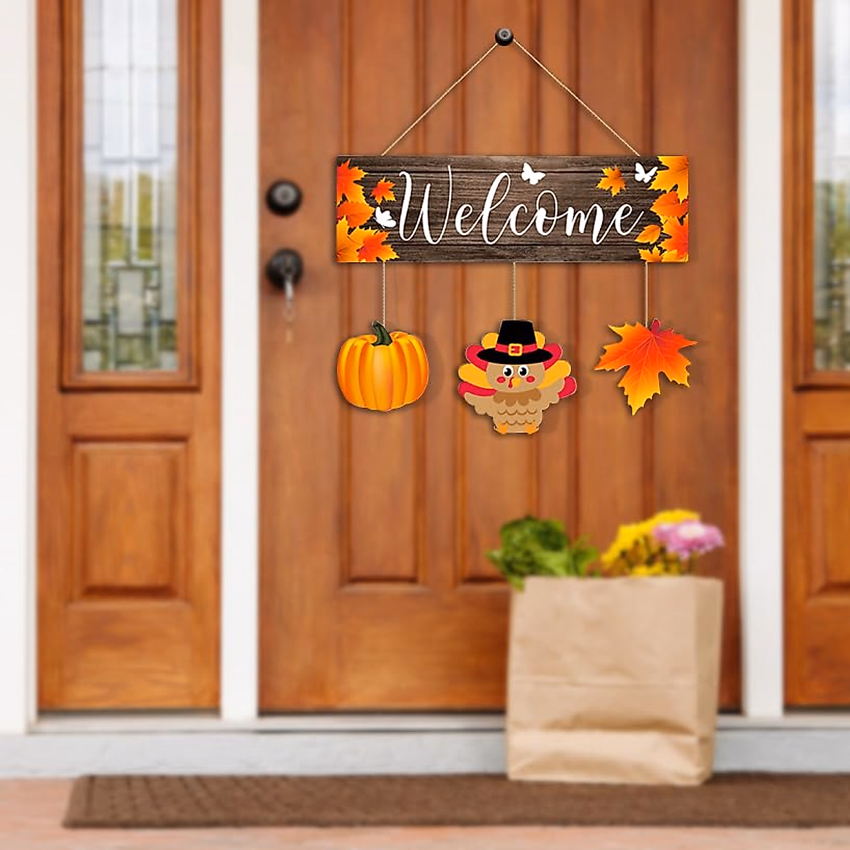 Thanksgiving Door Sign,Thanksgiving Turkey Hanger for Front Door,Fall Turkey Pumpkin Welcome Hanging Decorations, Thanksgiving Day Autumn Wooden Wreath Wood Plaque for Fall Harvest Party Decor
