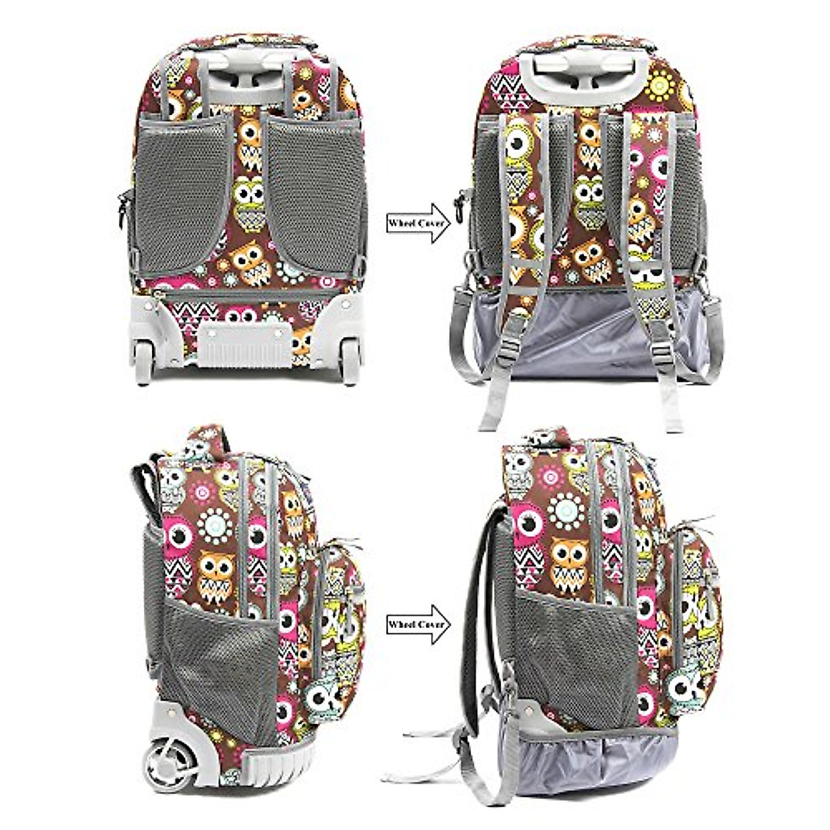 Tilami Kids Rolling Backpack 18 inch Boys and Girls Laptop Backpack, Owls