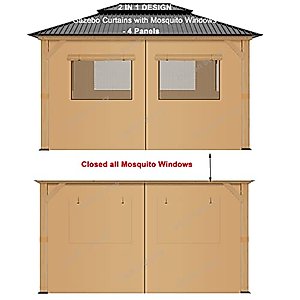 Garden Sunny 10'x10' Gazebo Universal Replacement Privacy Curtains with Mosquito Windows - Closable Screen with Zipper 2 in 1 Design 4-Panels Protecting Shade Set (Only Sidewasll and Netting)- Khaki