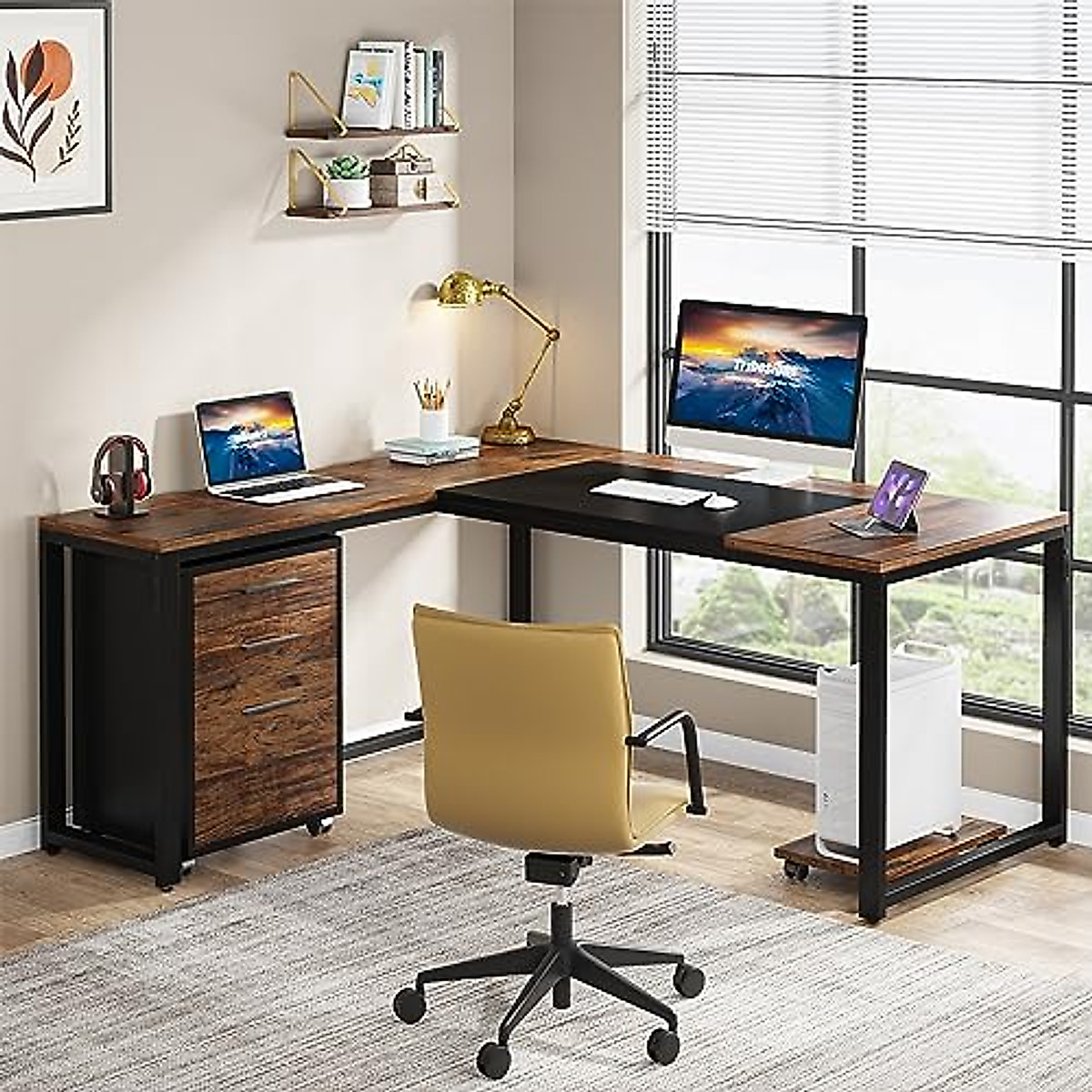 Tribesigns 63" L-Shaped Computer Desk with Mobile File Cabinet, Large Executive Office Desk with 3-Drawer Vertical Filing Cabinet, Business Furniture Sets for Home Office