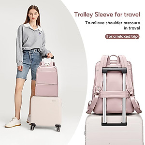 FULL DESIGN Travel Laptop Backpack for Women, 14 inch Water Resistant Computer Backpack, Fashion Daypack Shoulder Bag for Work College (Pink)