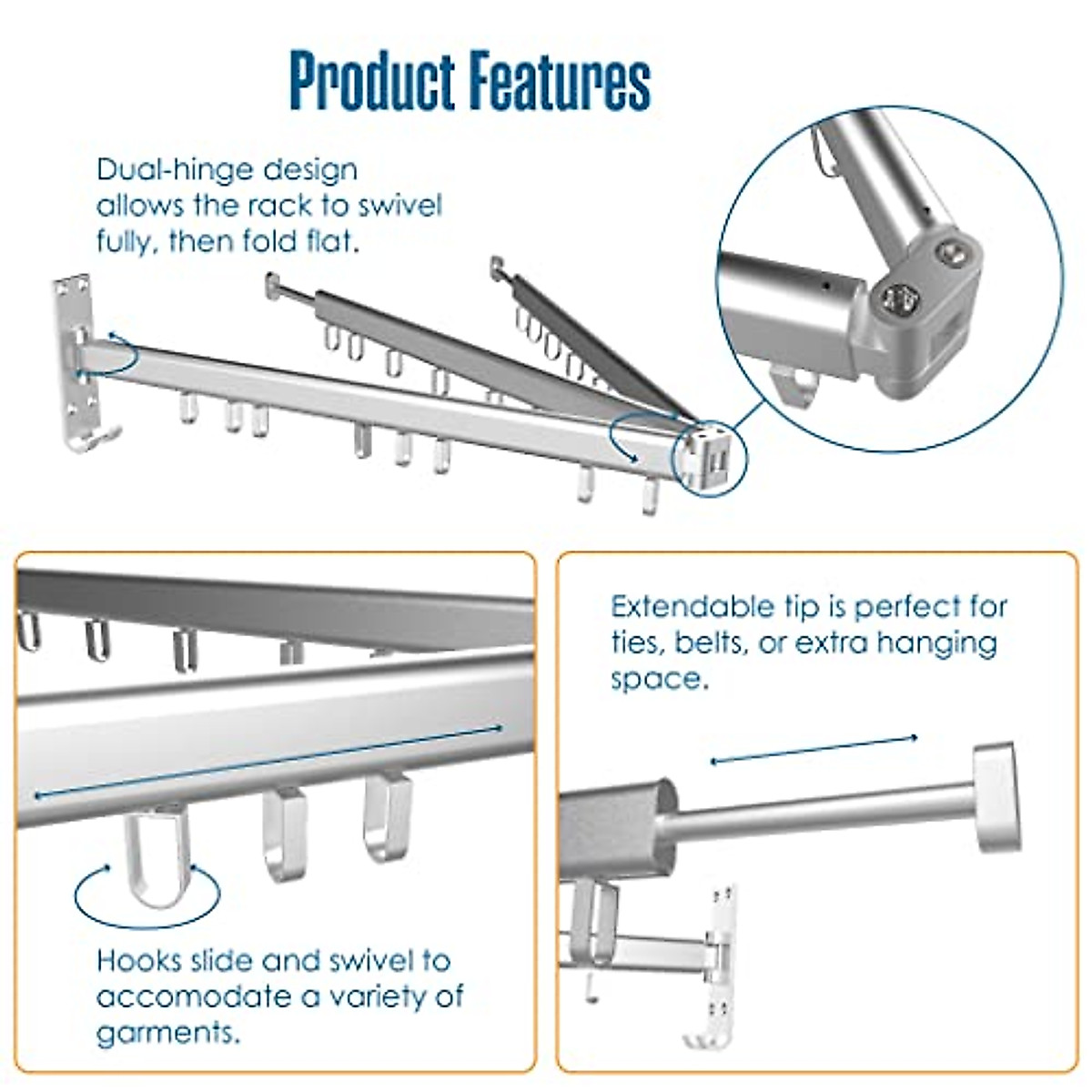 Clothes Drying Rack, Folding Air Dry Laundry, Wall Mounted Hang Dryer, 63"x7", Aluminum, Retractable, Collapsible, Foldable, Pull Out Clothesline for Hanging Shirts, Pants, Indoor, Outdoor w/Hooks