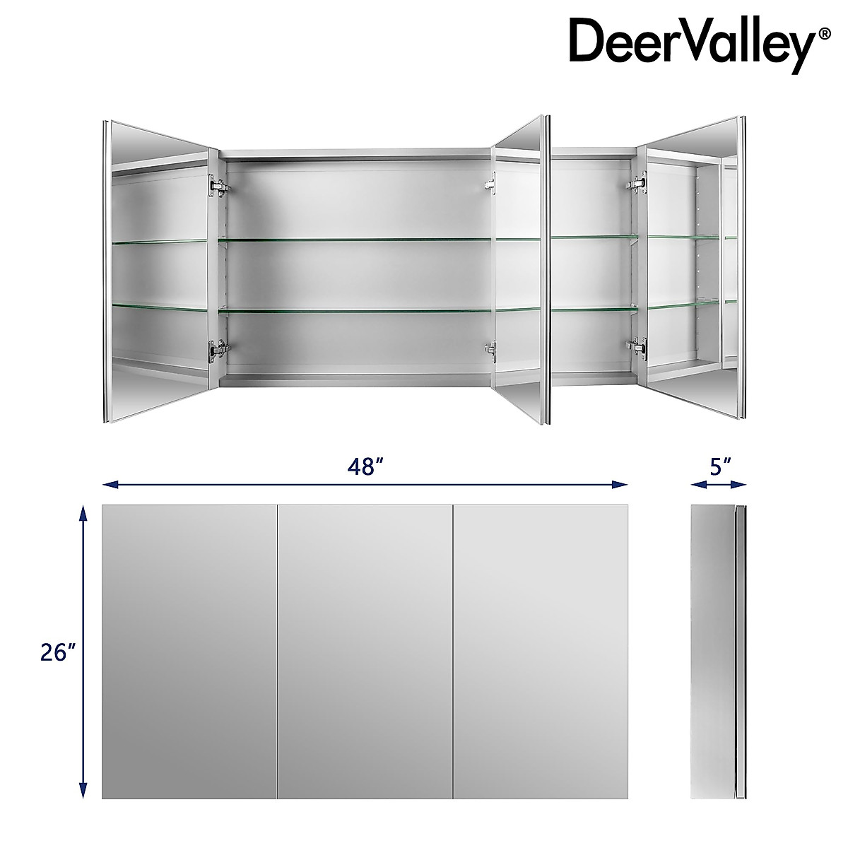 Deer Valley Medicine Cabinet with Mirror, 48" W x 26" H Bathroom Mirror with Storage, 3 Doors Frameless Modern Wall Mount Mirrored Medicine Cabinets with 2 Adjustable Shelves DV-1MC0149