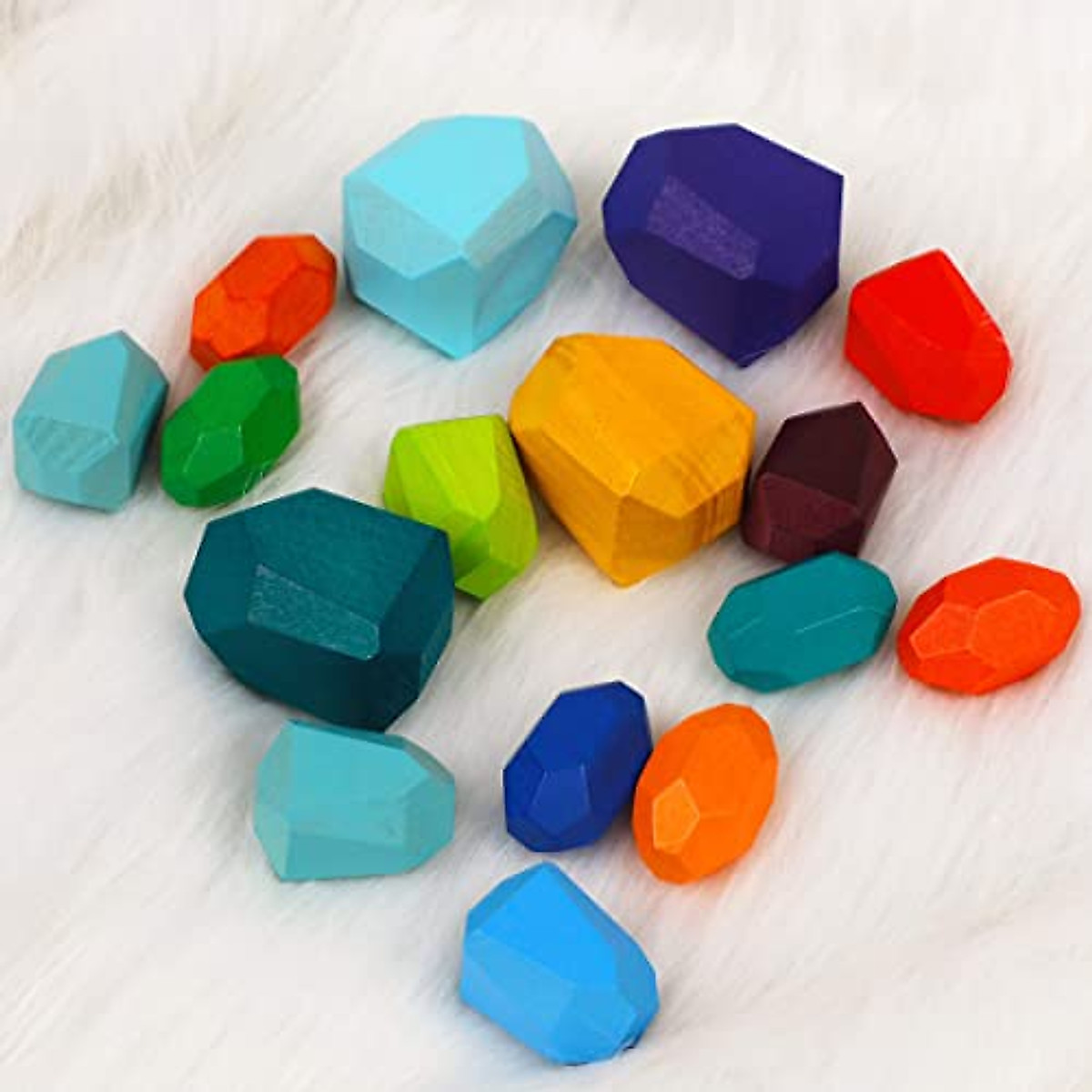 Cllayees 16 Pcs Wooden Stacking Blocks Rocks Building Toys, Colored Solid Wood Stones Pre-School Educational Games Creative Toys for Kids Toddlers