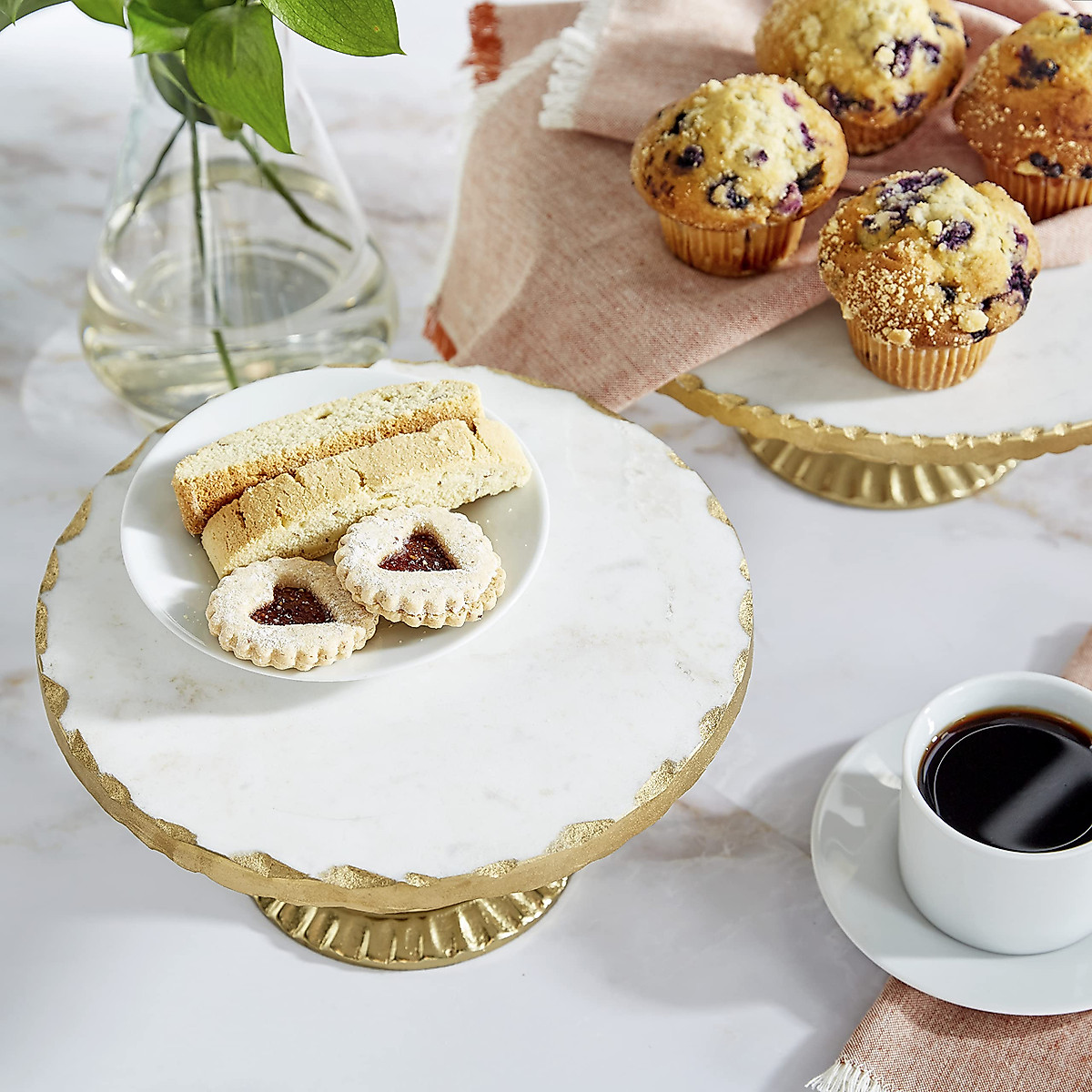 Deco 79 Marble Cake Stand with Gold Base, Set of 2 12", 10"W, White