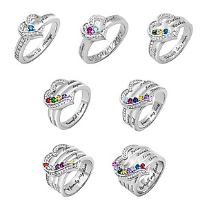 AILIN Personalized 1-8 Birthstone Rings 925 Sterling Silver Heart Custom Engraved Name Ring Wedding Family Mother Days Birthday Jewelry Gifts For Women Grandma Mom Her Daughter