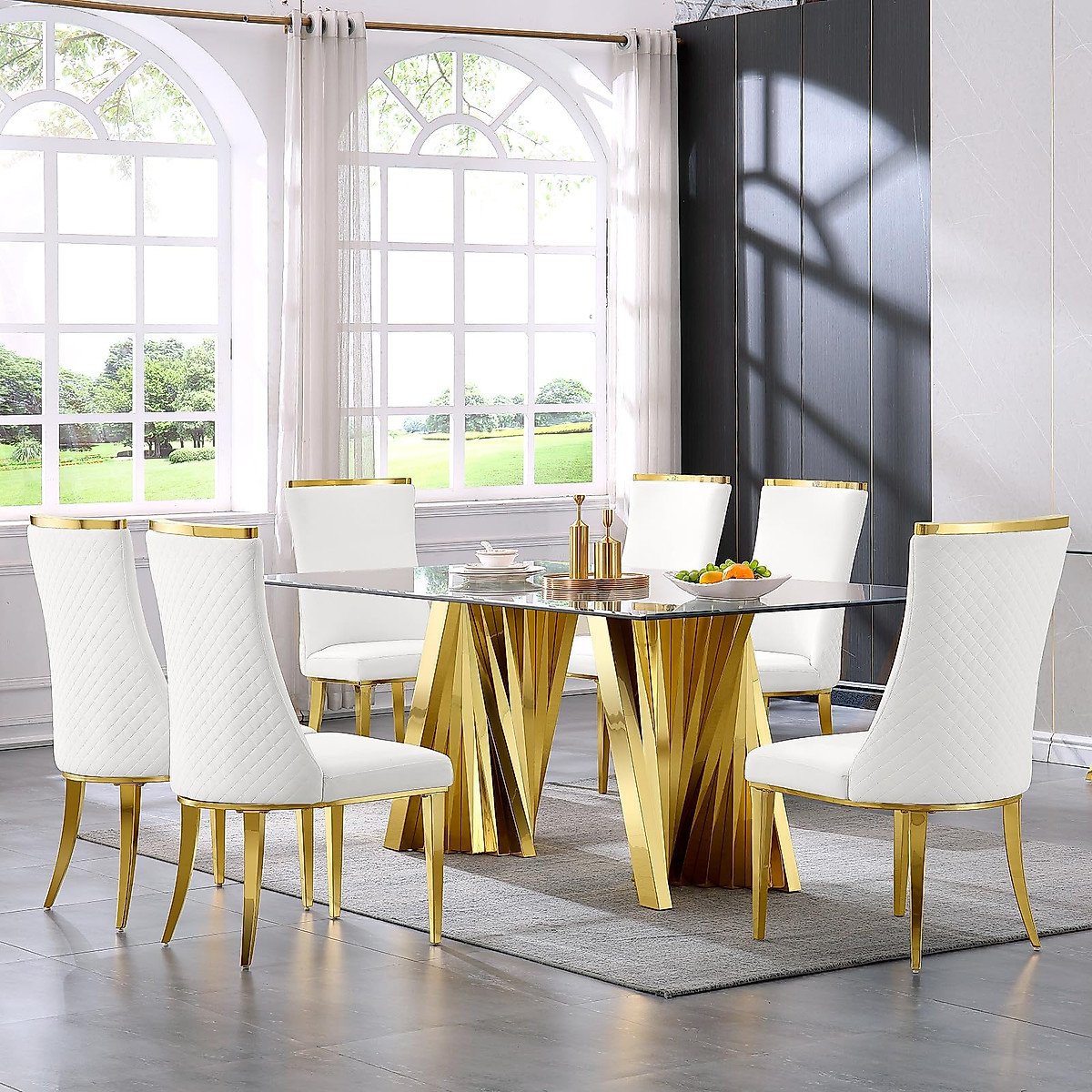 AZhome White and Gold Dining Chairs Set of 4, White Velvet Dining Room Chairs with Reticulate Texture Back and Metal Trim Top, Upholstered Chairs with Gold Stainless Steel Legs