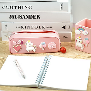 Wonhibo Cute Pencil Case Pouch Bag for Girls Women, Pink Aesthetic Kawaii Silicone Pen Holder Makeup Bag Brush Organizer Bag