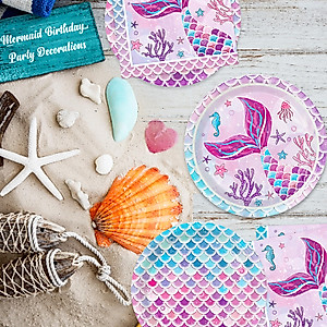 168Pcs Mermaid Birthday Decorations Mermaid Party Supplies Includes Plates, Napkin, Knives, Spoons, Forks for Baby Shower Ocean Birthday Party Decorations, Serves 24