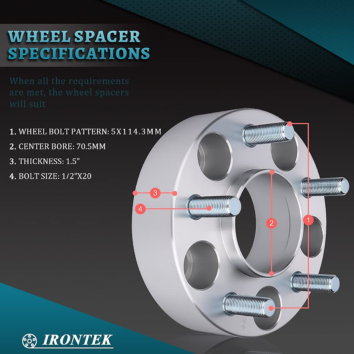 IRONTEK 1.5'' 5x114.3mm Wheel Spacers for Ford Lincoln Mazda 5x4.5" Hubcentric Wheel Spacers (1/2"x20 Studs, 70.5mm Hub Bore) for Ford Mach I/Mustang/Edge/Crown Victoria Mazda Navajo/B2500/B3000/B4000