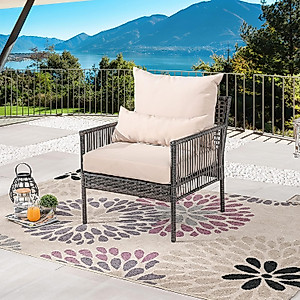 LOKATSE HOME 2 Piece Patio Dining Club Chairs Wicker Rattan Furniture Thick Cushion Seat, Beige