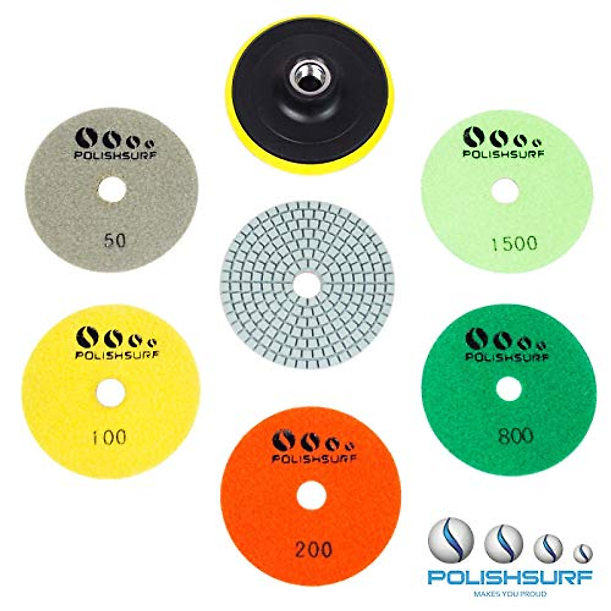 Diamond Polishing Pads 4 Inch Wet Dry Set 7 Pieces for Concrete Marble Quartz Stone Countertop Granite Polishing - by POLISHSURF