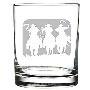 Cowboys and Horses Western Laser Etched Engraved Rocks Glass, Western motif inspired for old west fans, cowboy or cowgirl or horse lover. Our 11 oz Old Fashion Whiskey Scotch Glass is perfect for them