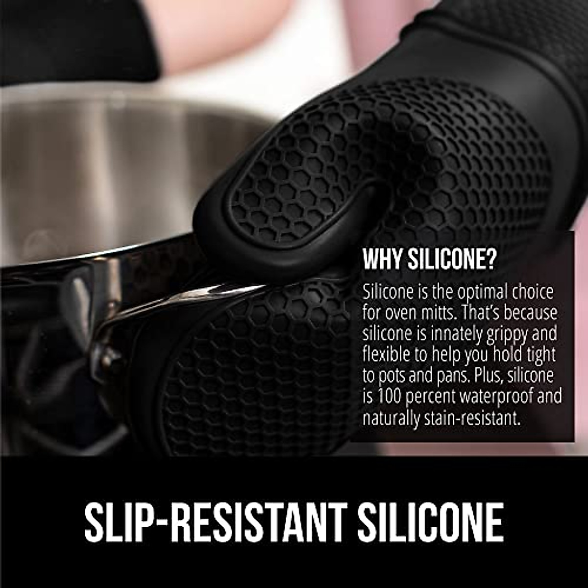 Gorilla Grip Heat and Slip Resistant Silicone Oven Mitts Set, Soft Cotton Lining, Waterproof, BPA-Free, Long Flexible Thick Gloves for Cooking, Kitchen Mitt Potholders, 12.5 in, Black