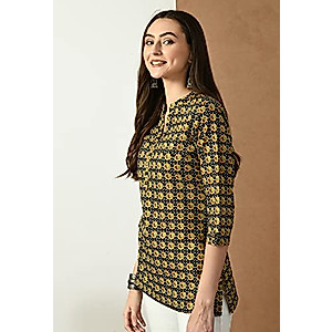 Lagi Women Straight Mandarin Collar 3/4 Sleeves Printed Short Cotton Kurti, Black & Mustard (XS)