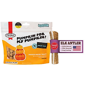 Primal Antler & Freeze Dried Dog Treats Bundle, Chicken & Pumpkin, 2 oz & Grade A Split Elk Antler for Small Dogs up to 15 lb