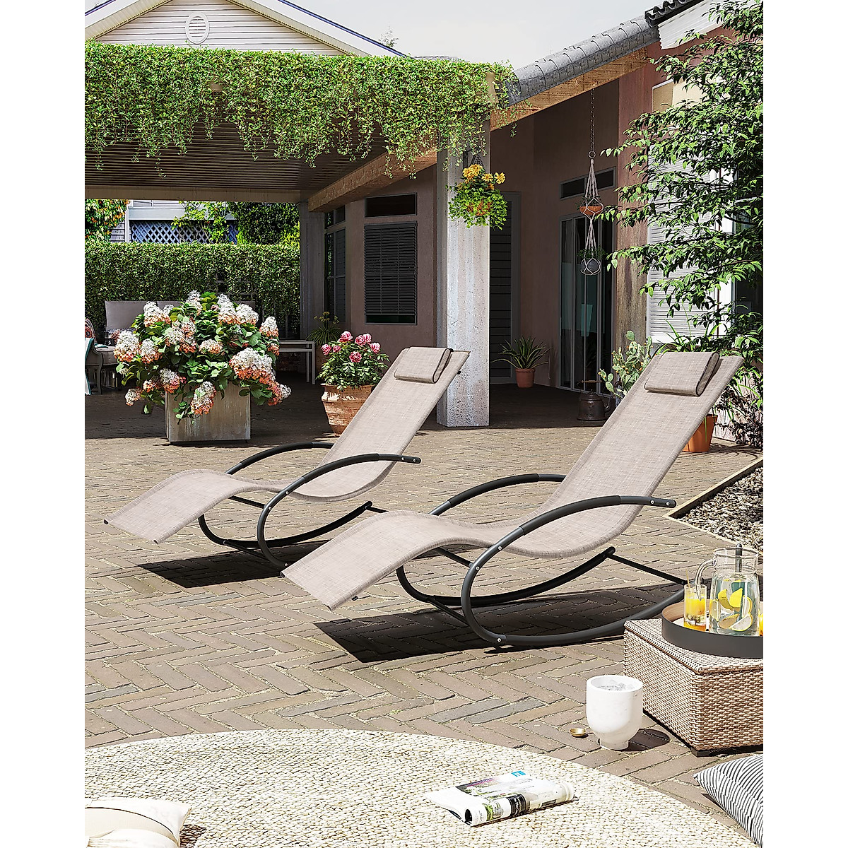 Crestlive Products Patio Rocking Chair Curved Rocker Chaise Lounge Chair with Pillow for Beach Yard Pool Outdoor Indoor, Gray Steel Frame (2 PCS Beige)